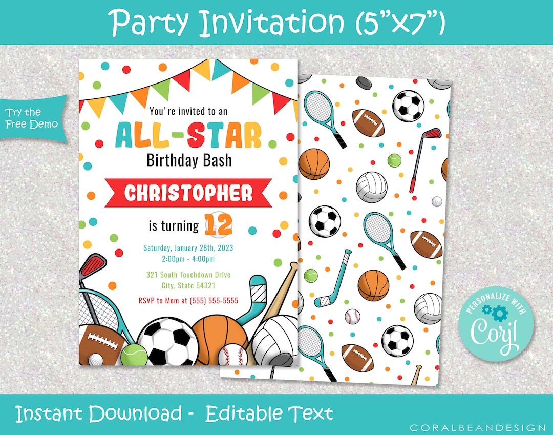 Editable Printable Sports Birthday Party Invitation Template, All Star ...