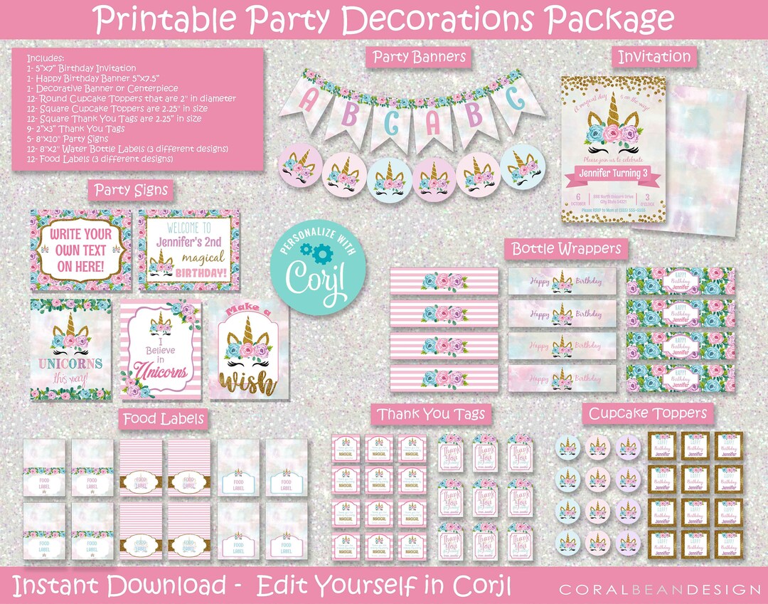 Unicorn Editable Printable Birthday Party Decoration Package, Glitter ...