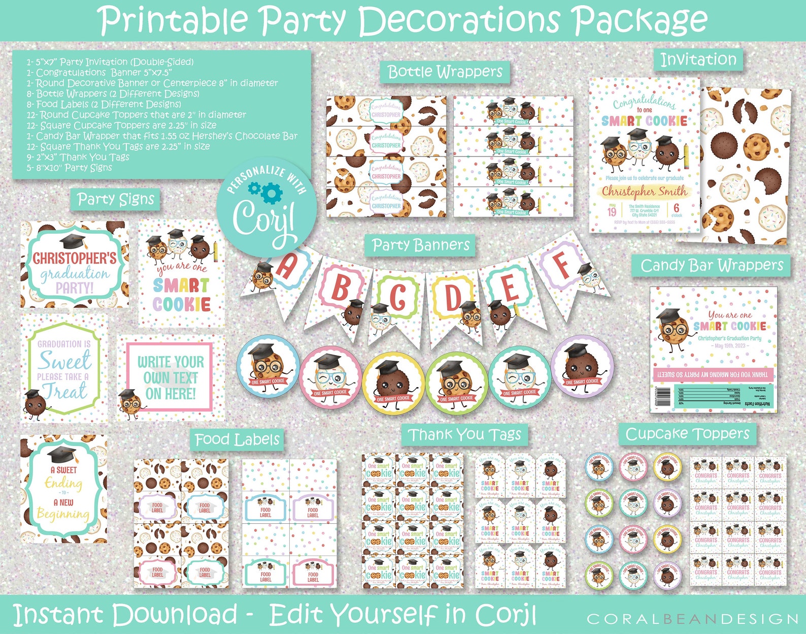 Editable Printable Smart Cookie Graduation Party Decoration Package ...
