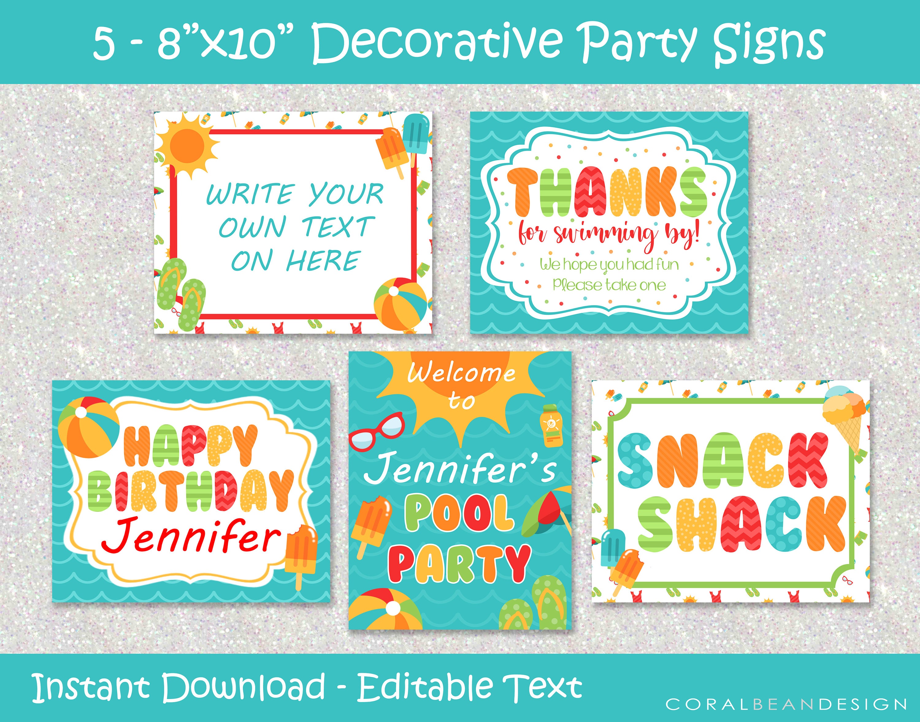 Birthday Pool Party Editable Printable Decoration Package | Etsy