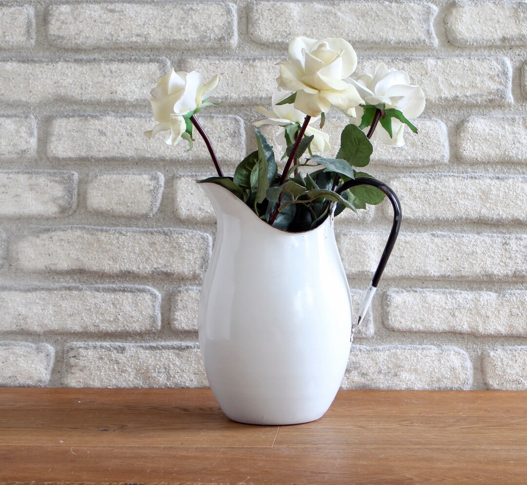 Antique White Enamel Pitcher | Vintage Jug With Black Handle | 3,5 ...