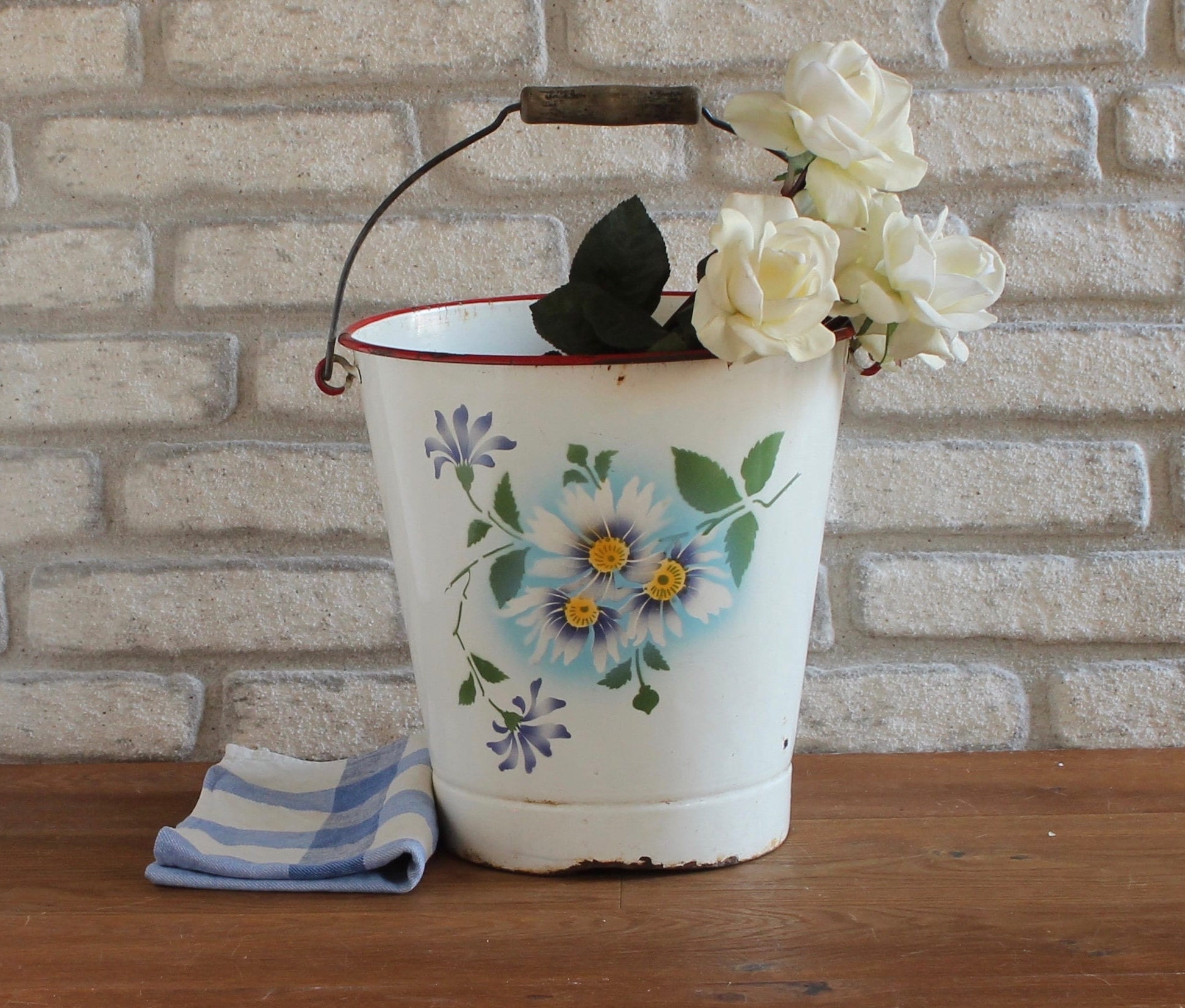 Antique Enamel Bucket With Flower Motif Blue White Wood Handle Water ...