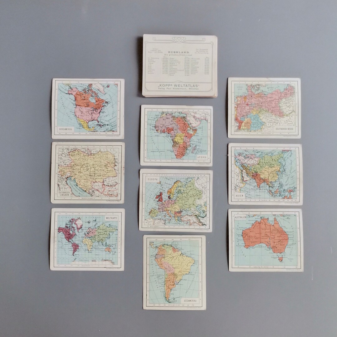 Antique Mini Maps | Set World Card, Europe, America, Africa, Asia ...
