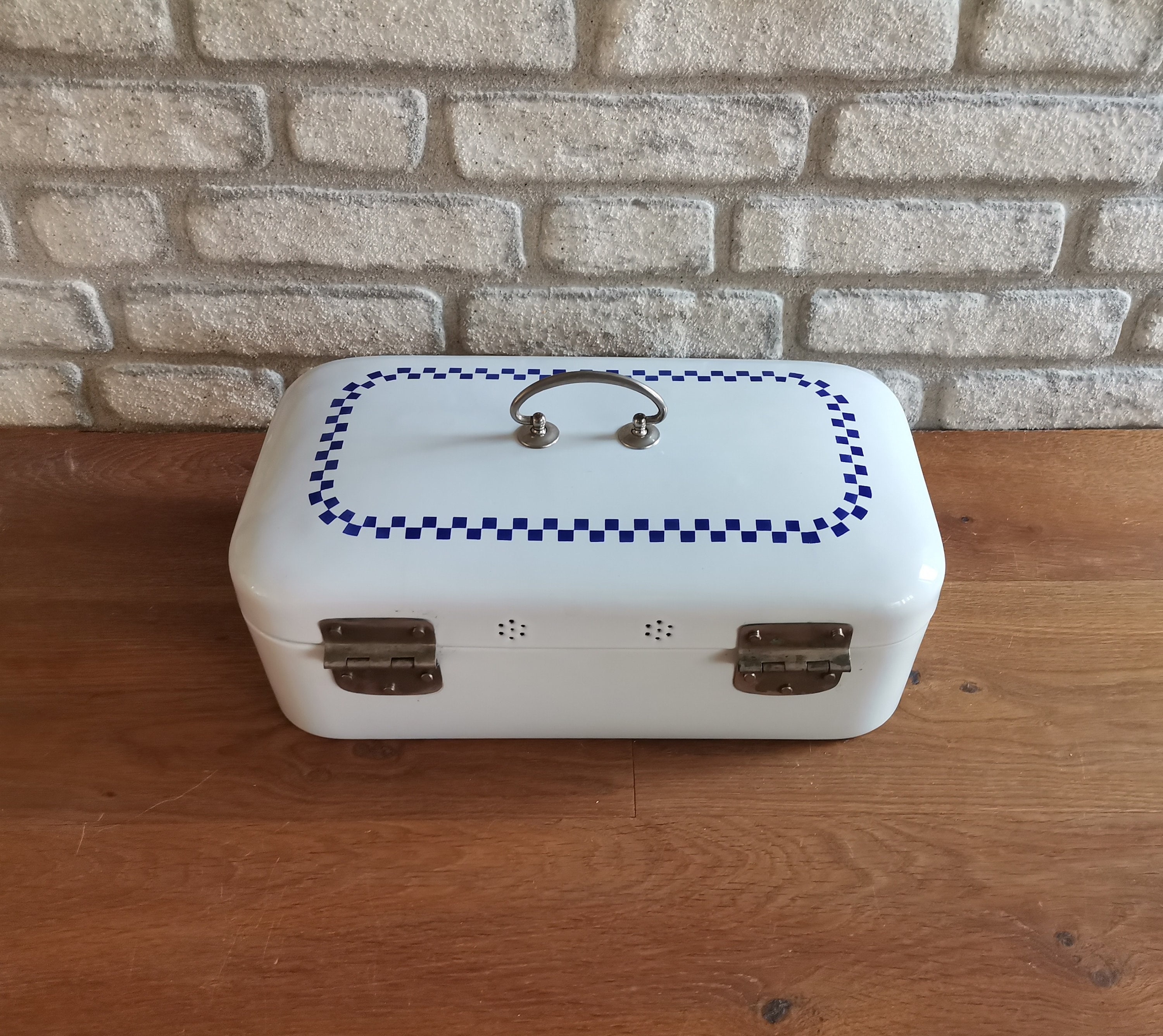 Antique Enamel Bread Bin, Breadbox, Storage | White+blue Container With ...