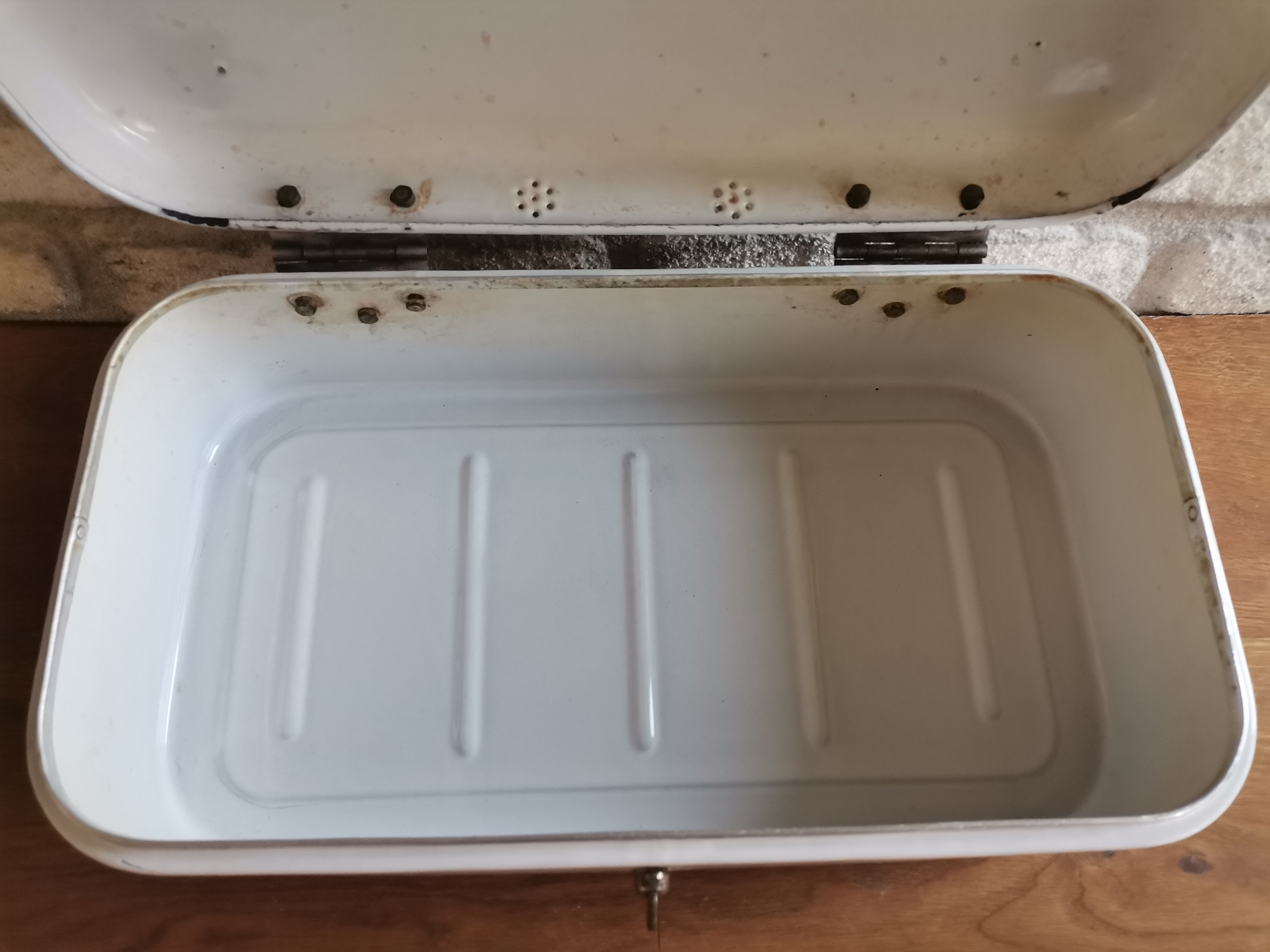 Antique Enamel Bread Bin, Breadbox, Storage | White+blue Container With ...