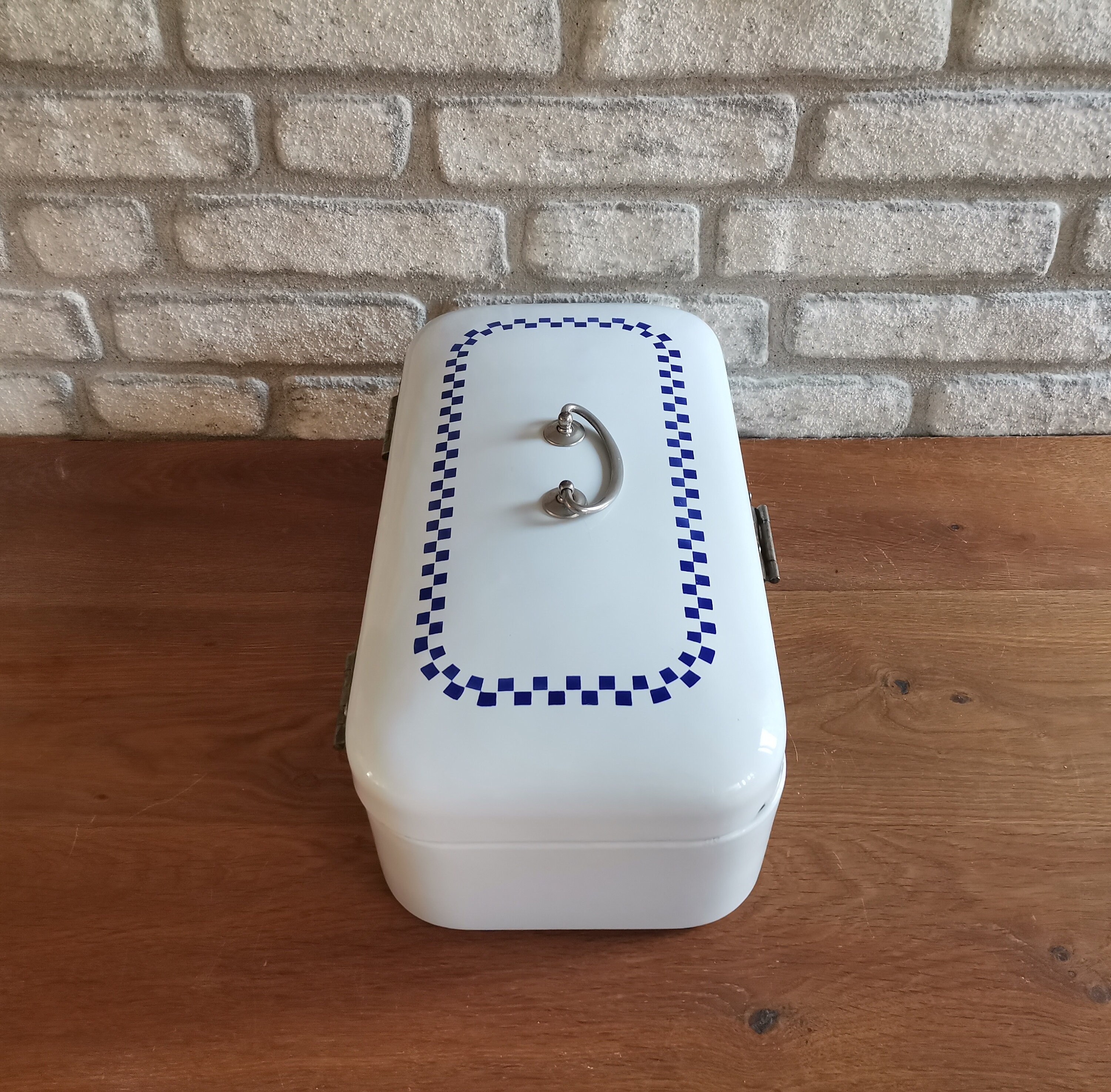 Antique Enamel Bread Bin, Breadbox, Storage | White+blue Container With ...