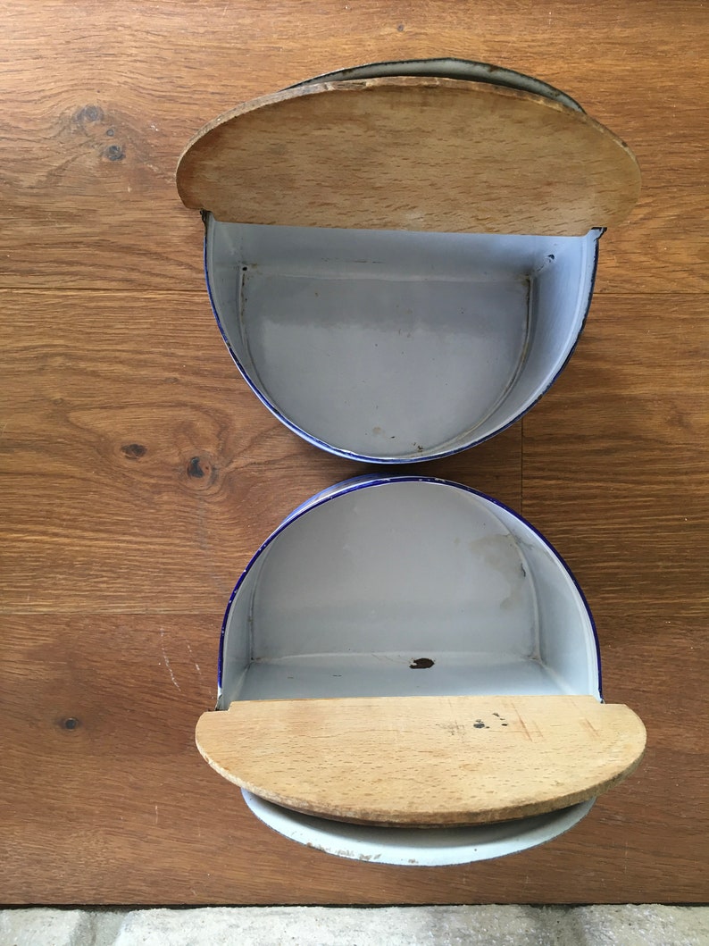 Antique French Enamel Boxes SEL FARINE Set With Wooden Lids | Hanging ...