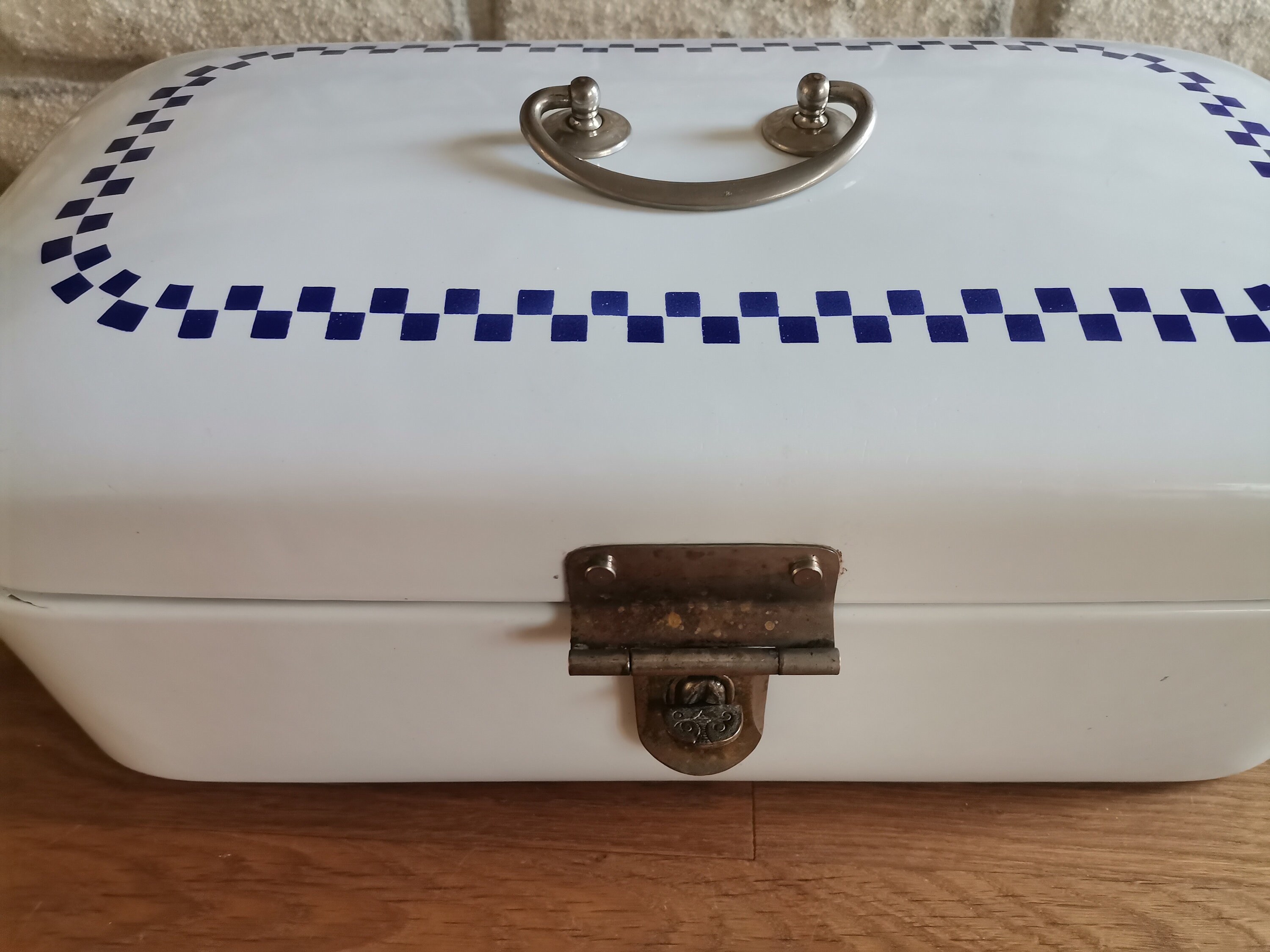 Antique Enamel Bread Bin, Breadbox, Storage | White+blue Container With ...