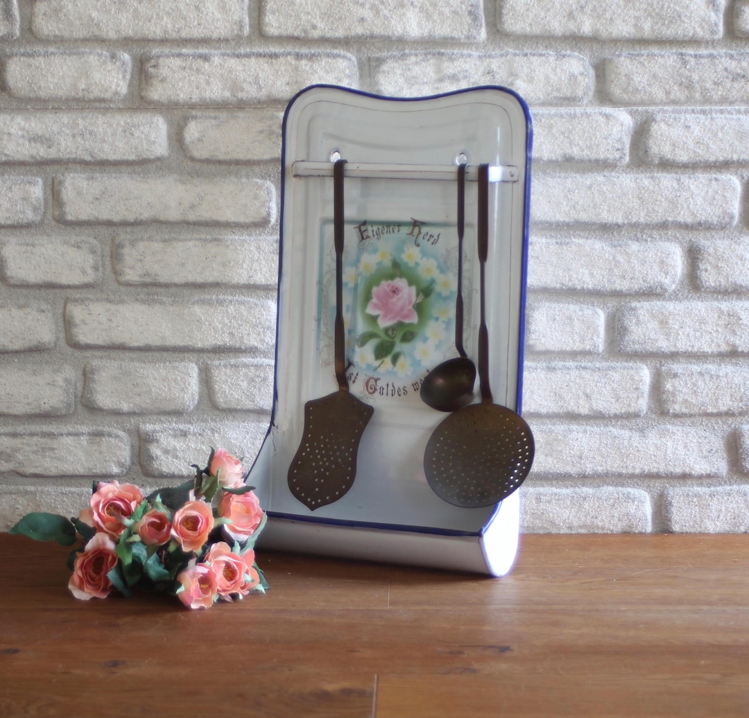 Antique Enamel Utensil Holder/ Rack/ Storage | With 3 Copper Ladles ...