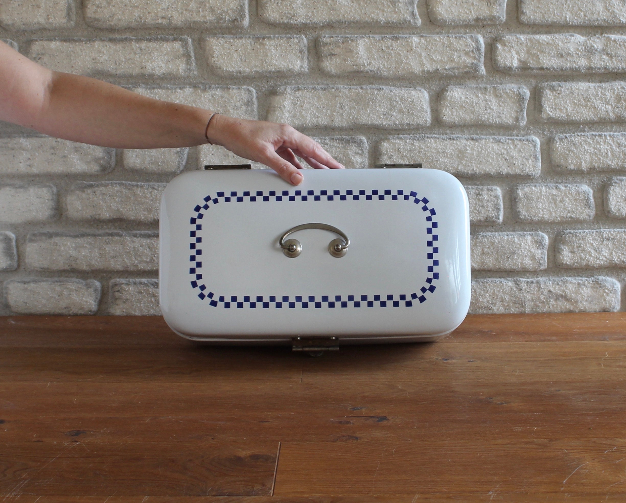 Antique Enamel Bread Bin, Breadbox, Storage | White+blue Container With ...