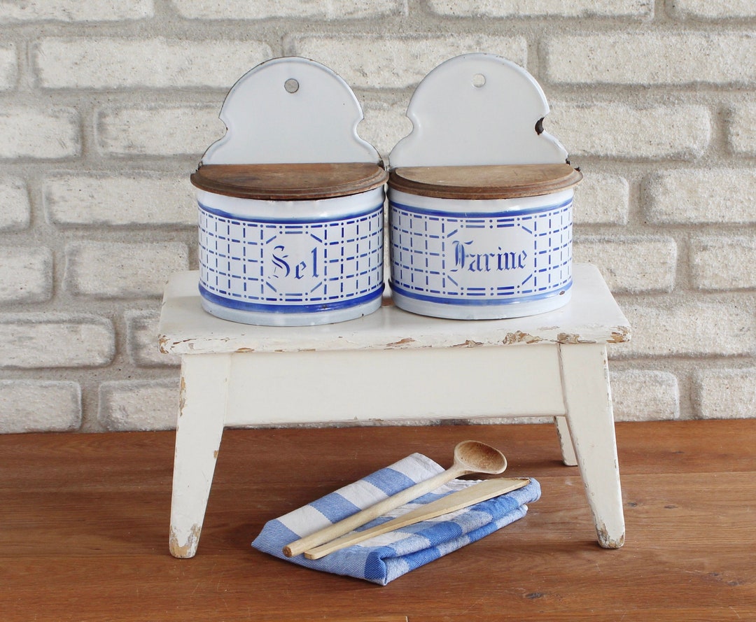 Antique French Enamel Boxes SEL FARINE Set With Wooden Lids | Hanging ...