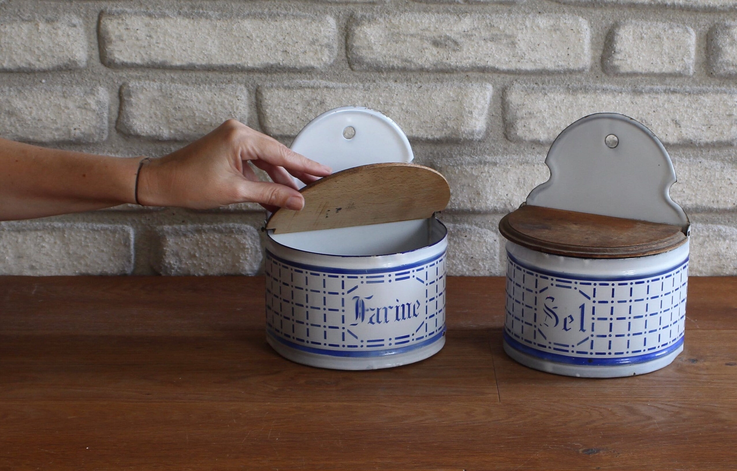 Antique French Enamel Boxes SEL FARINE Set With Wooden Lids | Hanging ...