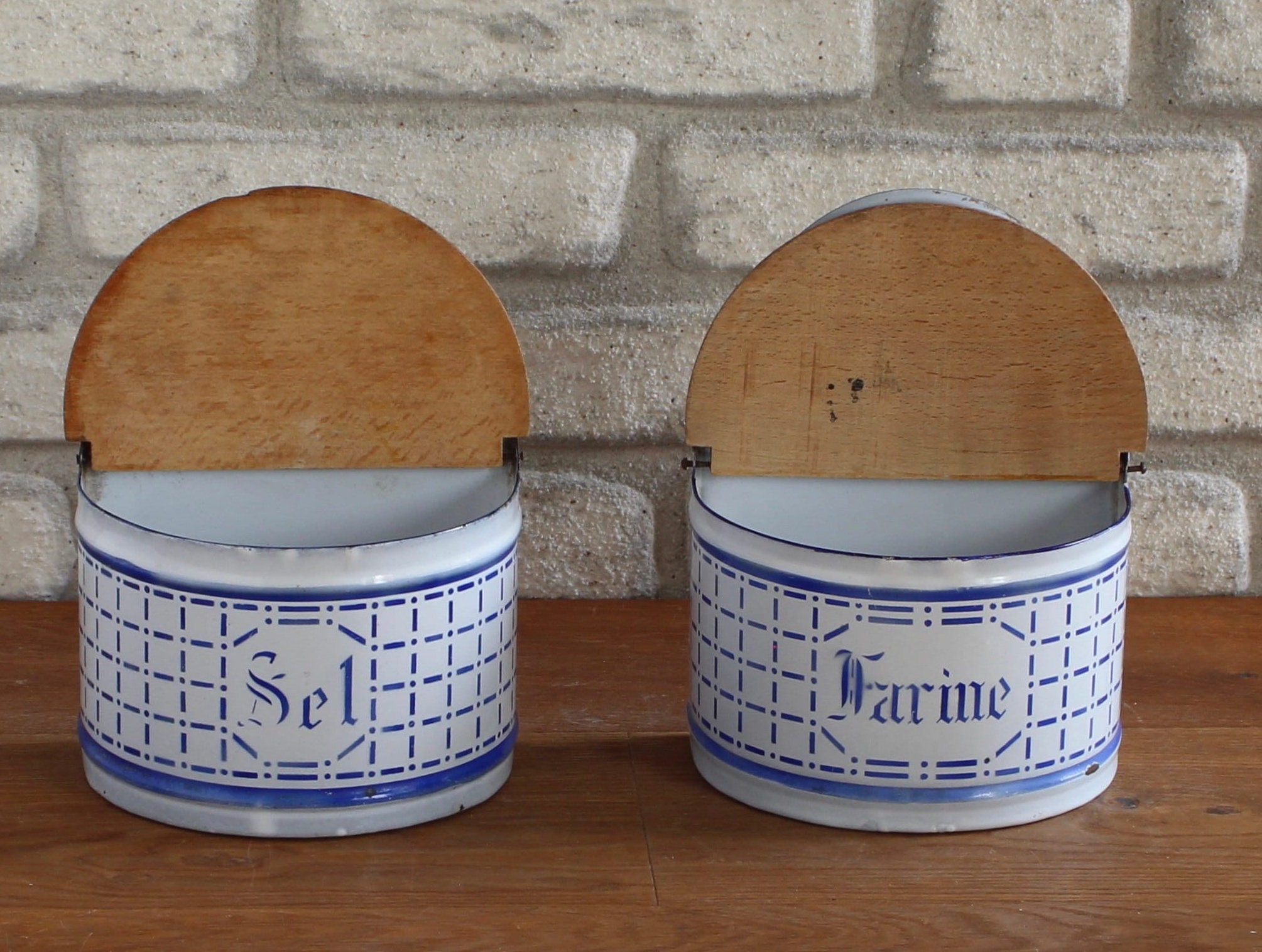 Antique French Enamel Boxes SEL FARINE Set With Wooden Lids | Hanging ...