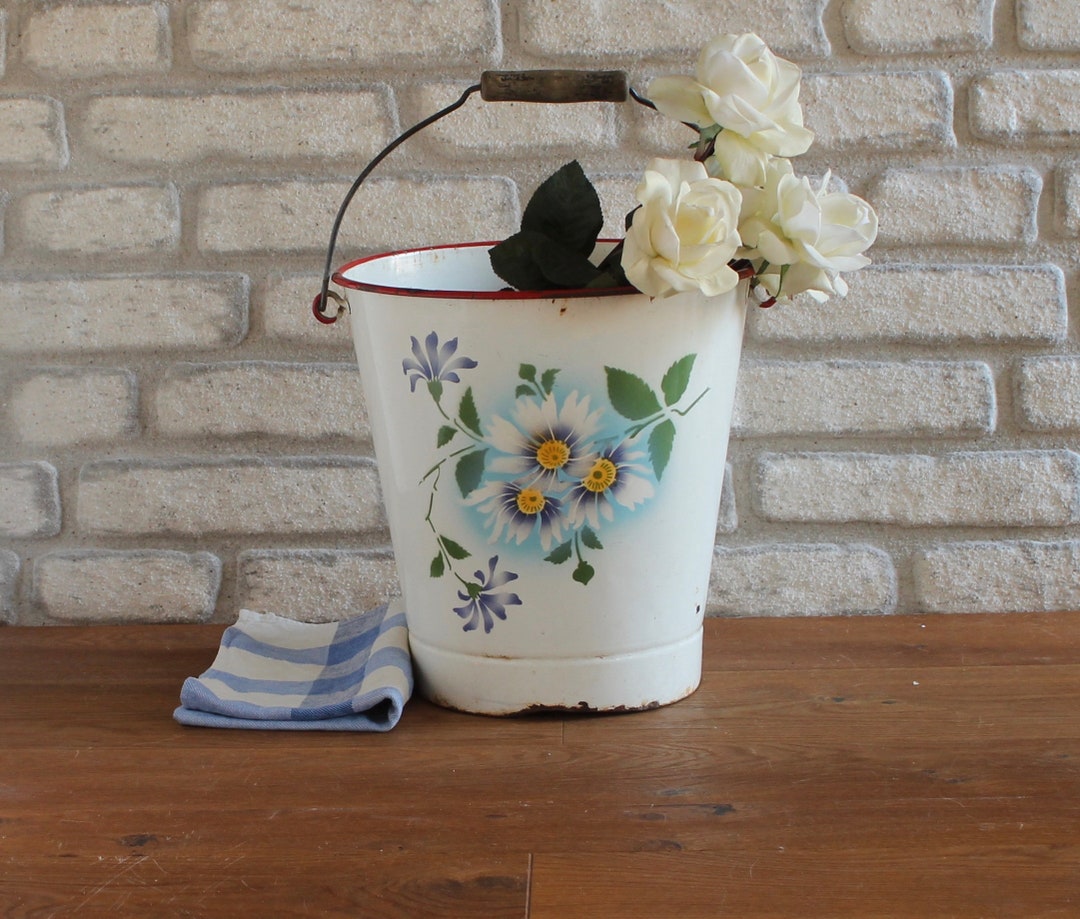 Antique Enamel Bucket With Flower Motif Blue White Wood - Etsy