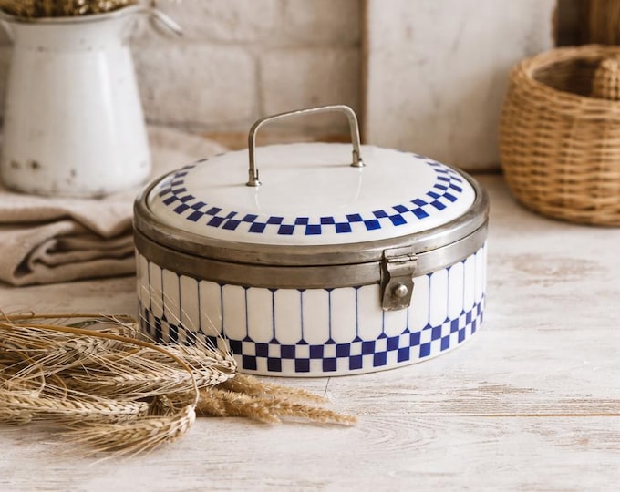 Antique Bread Bin, Breadbox | White Blue Checker Ceramic Container ...