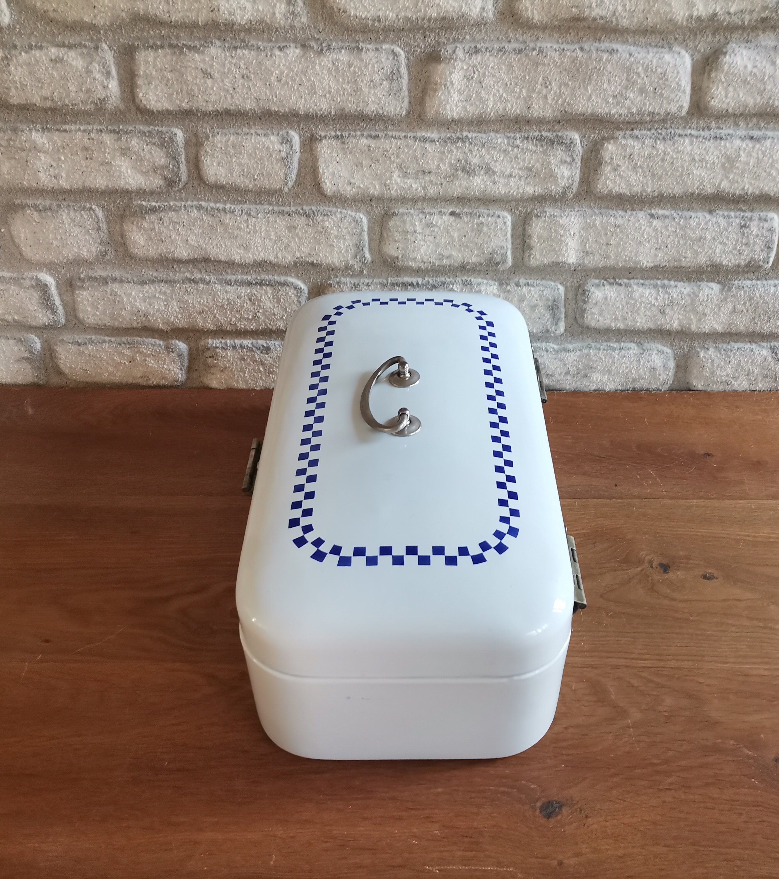Antique Enamel Bread Bin, Breadbox, Storage | White+blue Container With ...