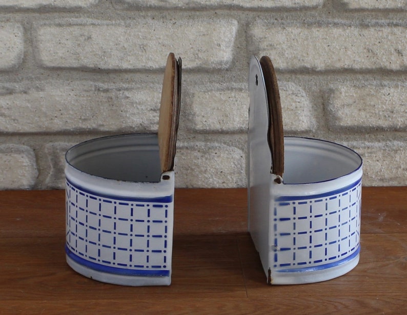 Antique French Enamel Boxes SEL FARINE Set With Wooden Lids | Hanging ...