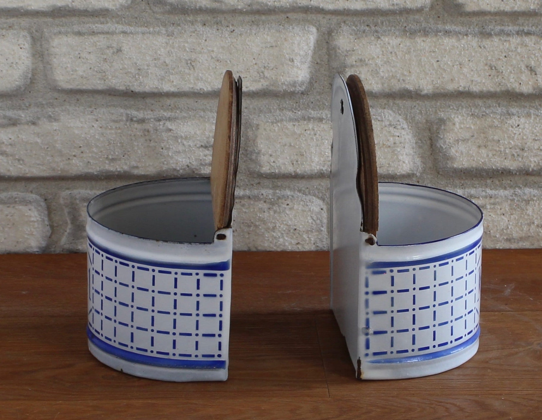 Antique French Enamel Boxes SEL FARINE Set With Wooden Lids | Hanging ...