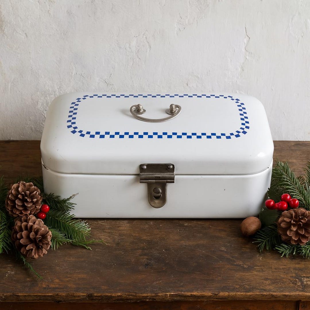 Antique Enamel Bread Bin, Breadbox, Storage | White+blue Container With ...