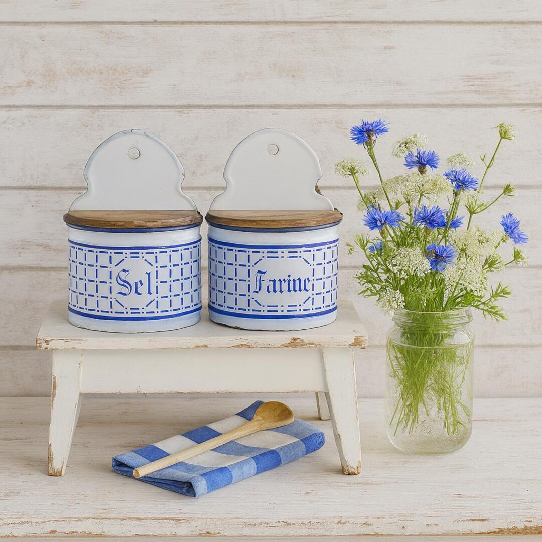 Antique French Enamel Boxes SEL FARINE Set With Wooden Lids | Hanging ...