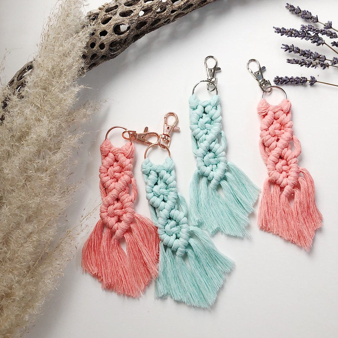 Handmade Macramé Keychain Spring Colors Coral/mint | Etsy