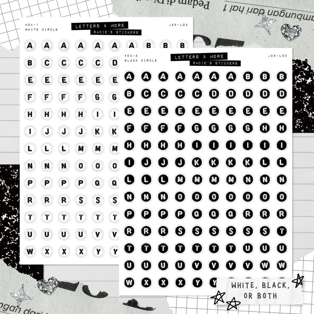 CIRCLE Letter Bead Stickers Black or White • Junk Journal Sticker ...