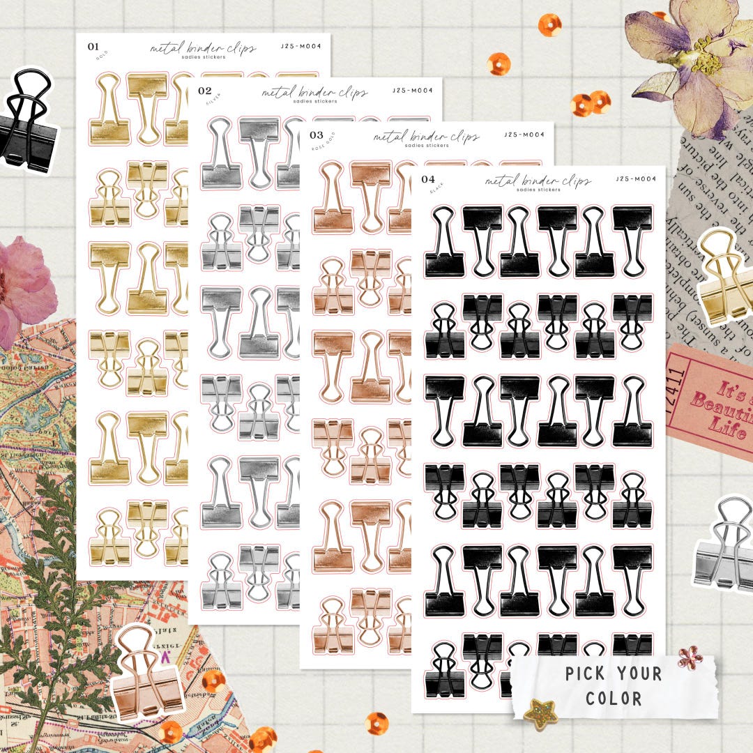 Metal Binder Clips • Decorative Journaling Sticker Sheet • Junk Journal ...