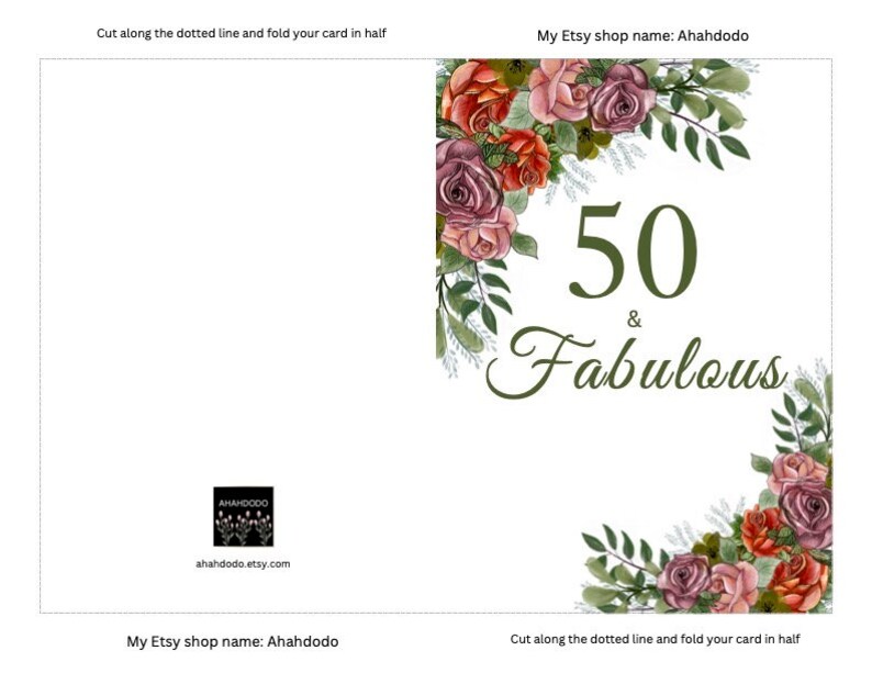 Printable Fifty and Fabulous Birthday Card With Corner Bouquet - Etsy