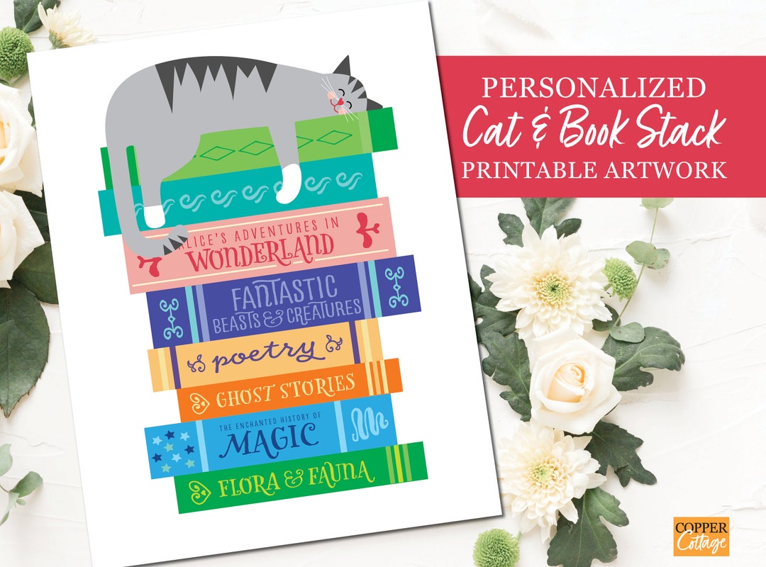 Custom Sleepy Cat Book Stack Personalized Pet Portrait Personalized ...