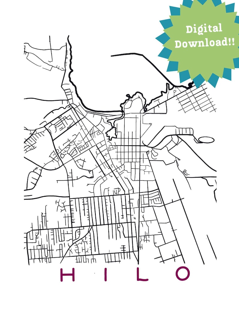 Hilo Street Map Poster, Street Map Wall Art, Black & White Hawaii Urban ...