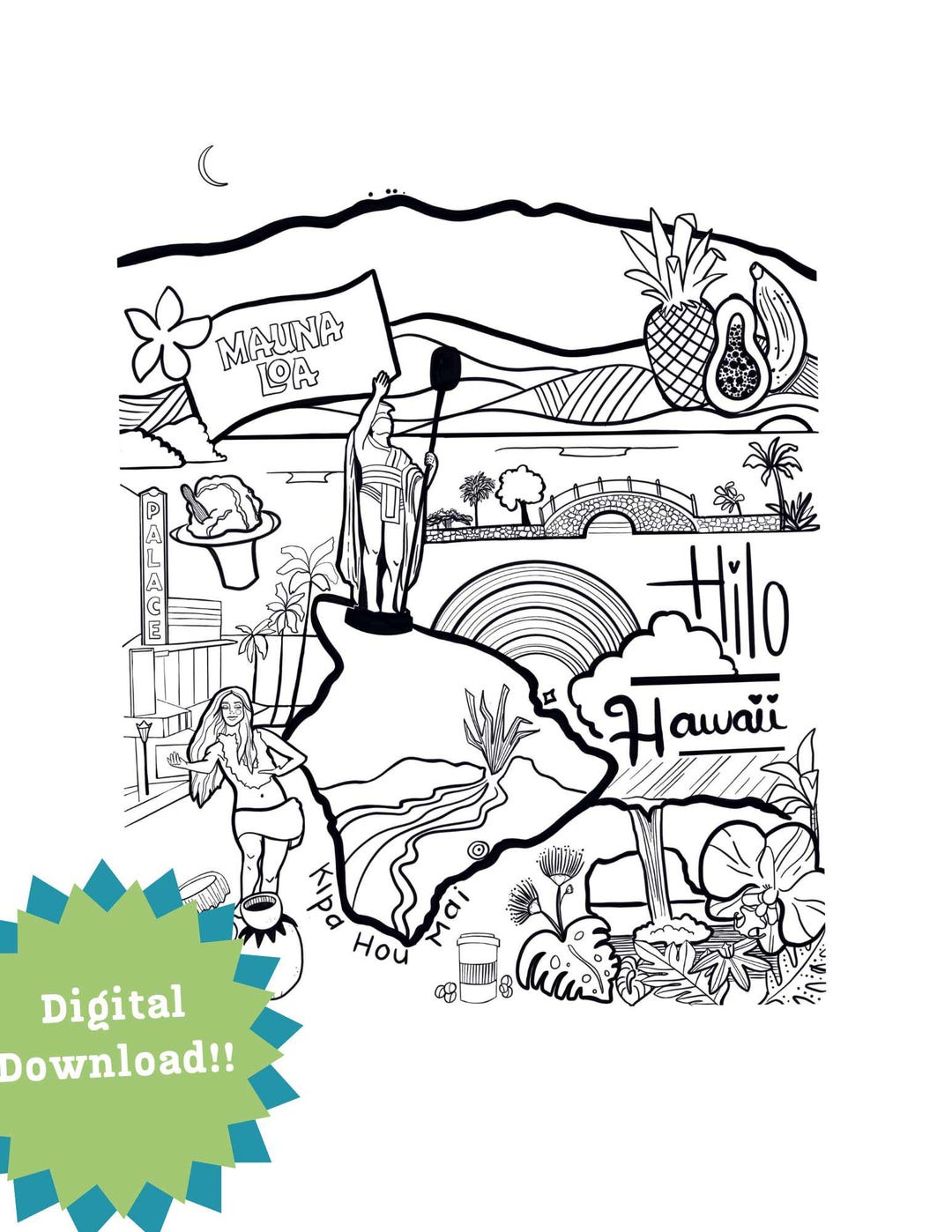 HILO Art Poster With Illustrated Icons of Hawaii Island, Black&white ...