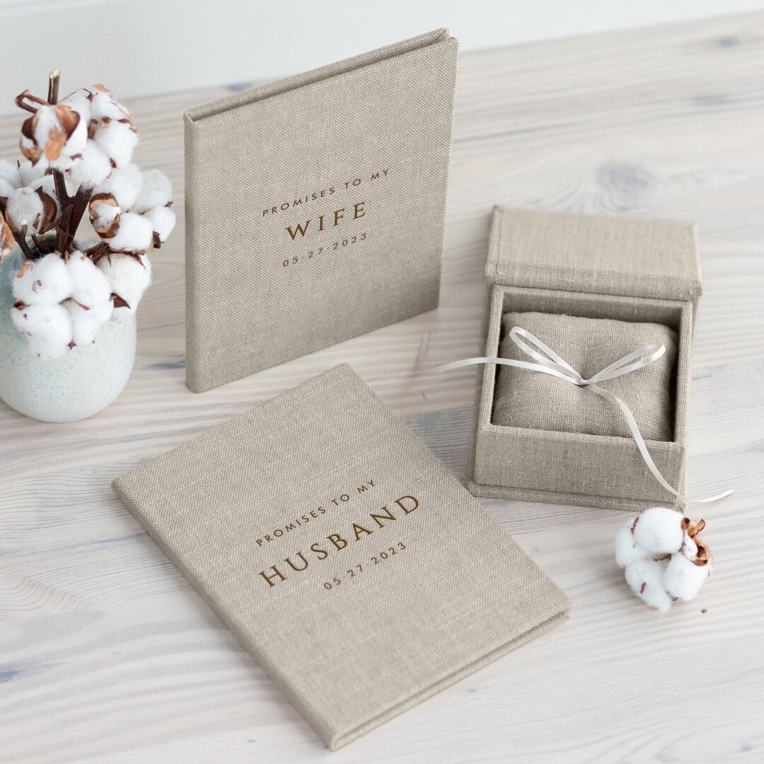 Wedding Ring Box + Vow Books, Personalized Linen Ring Bearer Box With ...
