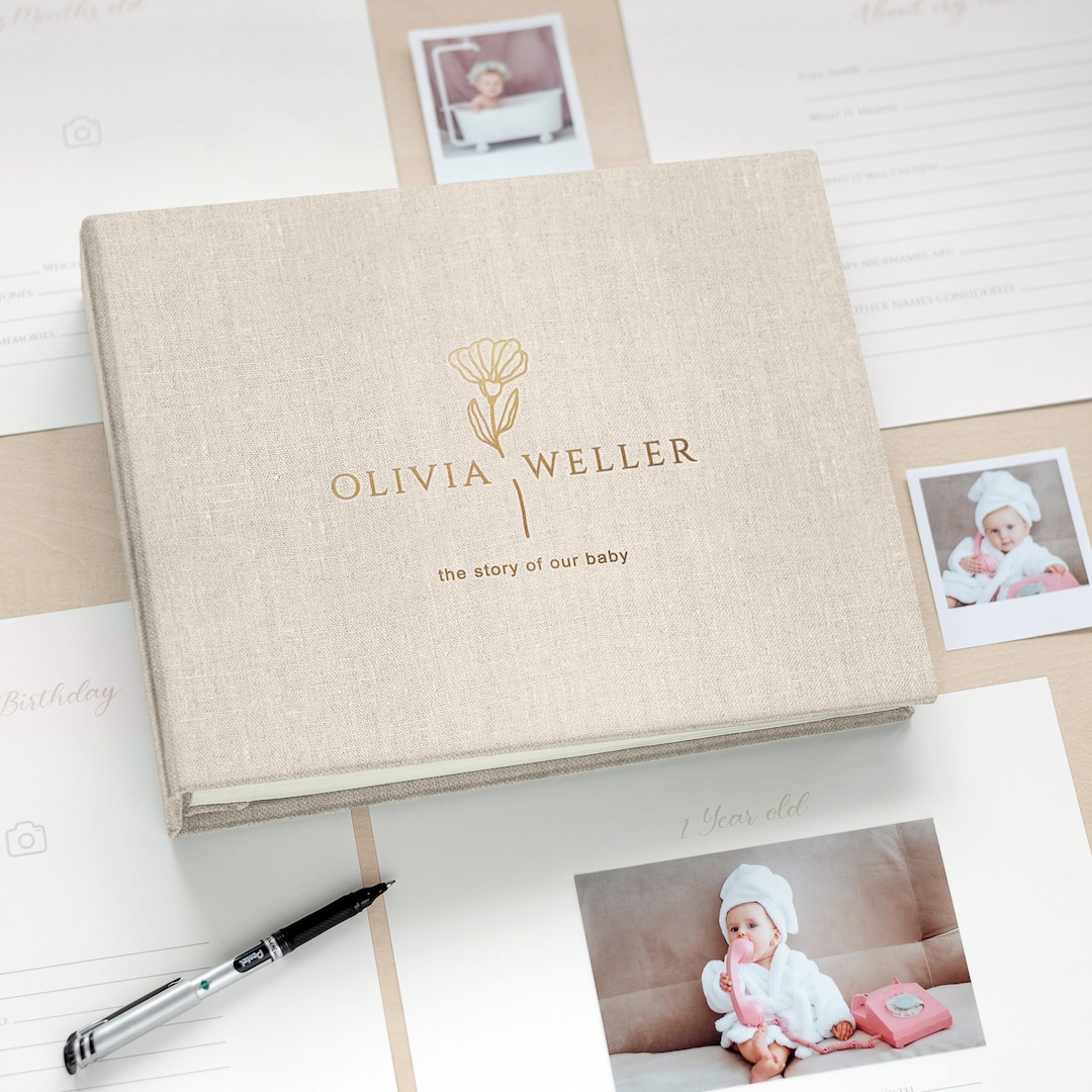 Personalized Baby Memory Book, Linen Baby Boy Photo Album, Baby First ...