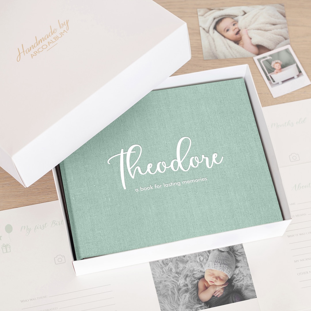 First Year Baby Memory Book, Personalized Linen Baby Photo Album ...