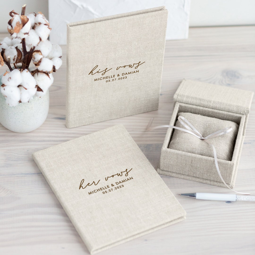 Wedding Ring Box + Vow Books, Personalized Linen Ring Bearer Box With ...