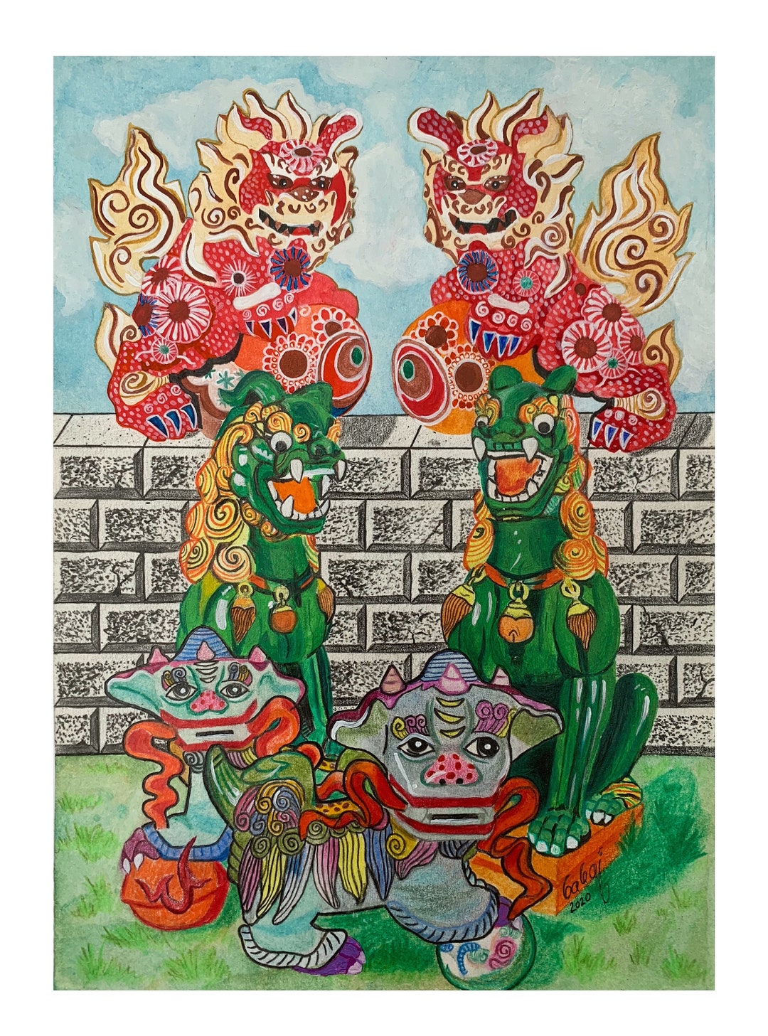 Foo Dog, Foo Dos, Art Print, Rare, Unique, Antique Frame, Painting ...