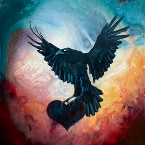 Heart Thief - Shadowy Crow Art Print - Grinning Raven Steals Shadowy ...