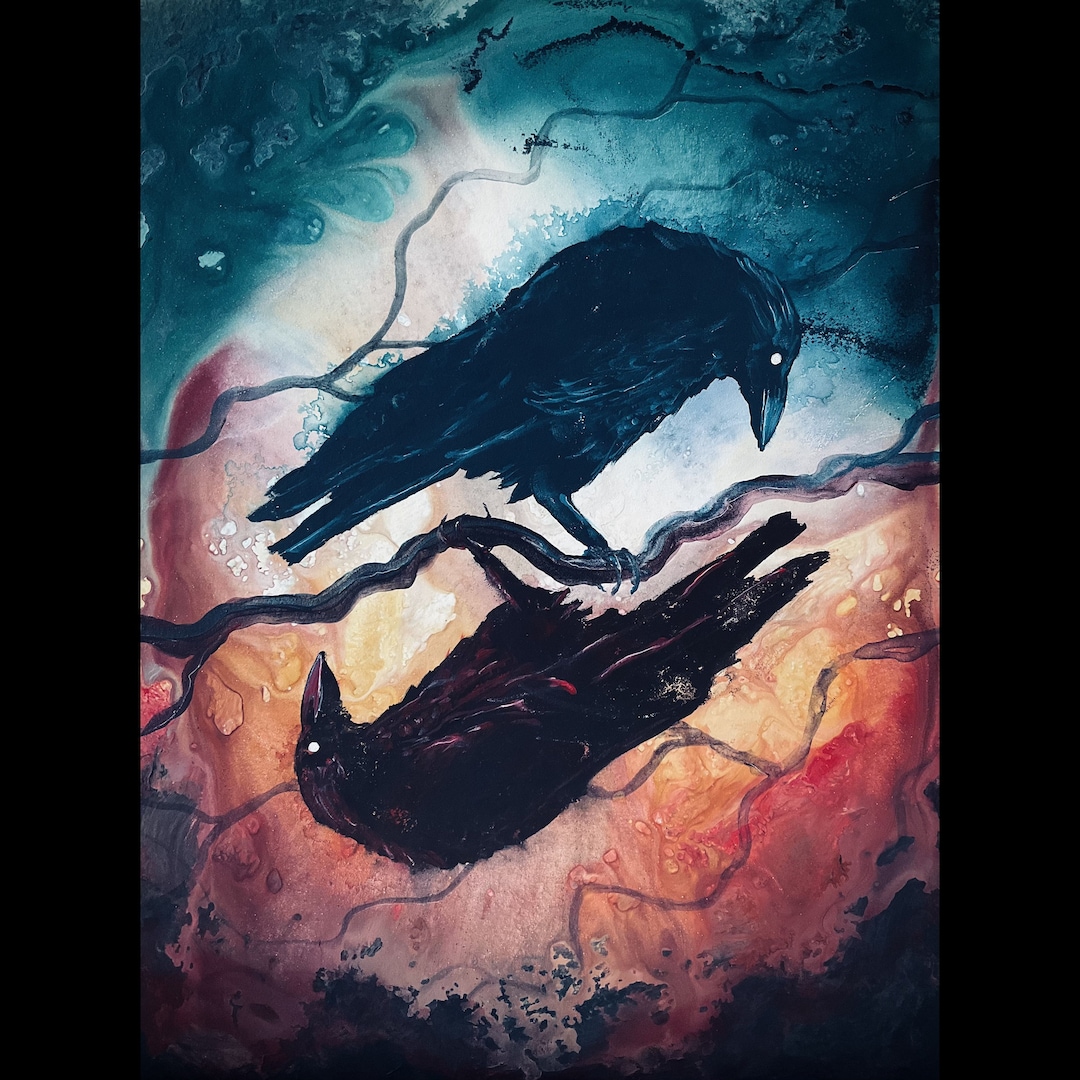 Reflections Shadowy Art Print Twin Fire & Ice Ravens Gazing in Blue and ...