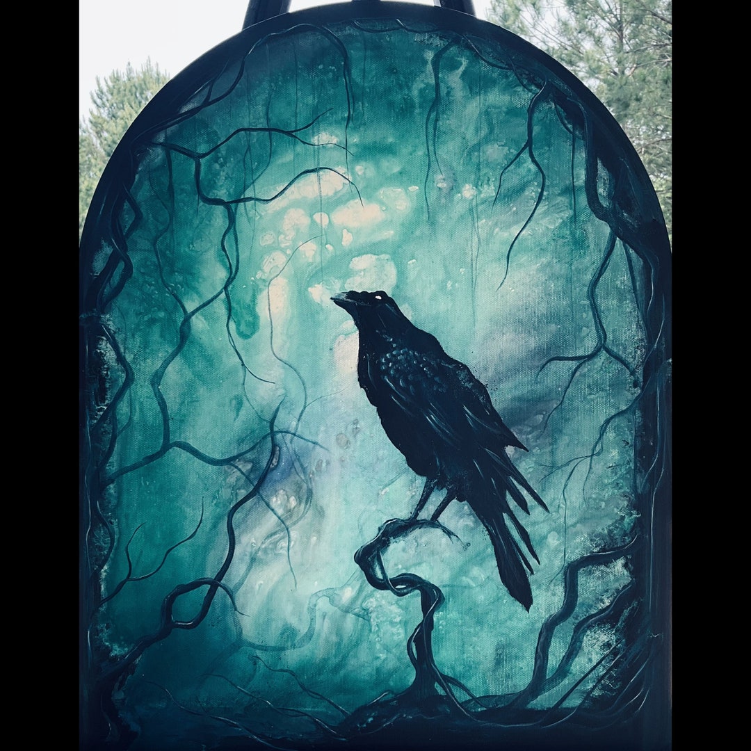 Window to the World - Original Canvas Painting - Shadowy Raven Sitting ...