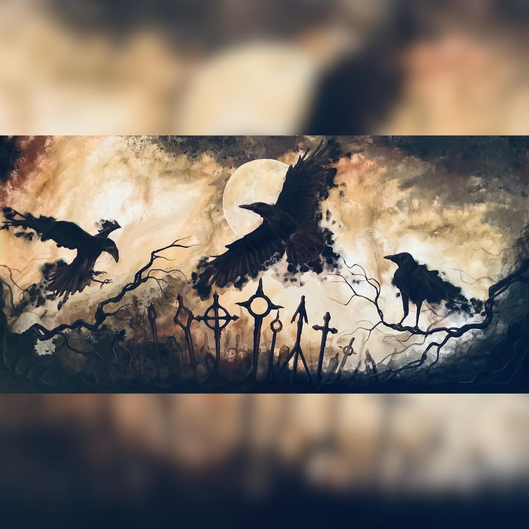 Feast of Night - Shadowy Art Print - Trio of Dark Crows Soaring by Full ...