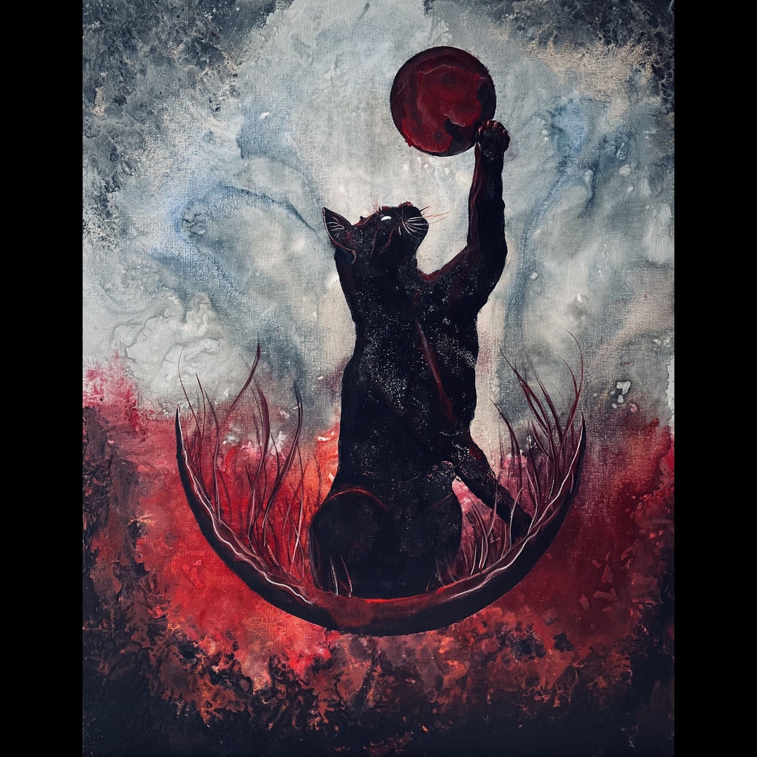 Chasing Luna Black Cat Art Print Haunted Dark Feline Plays With Deep ...
