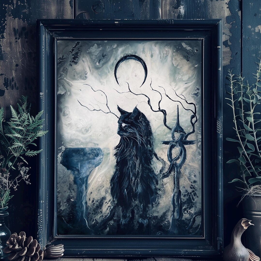 The Magician - Moody Cat Art Print - Moody Black Maine Coon Cat W/ Moon ...
