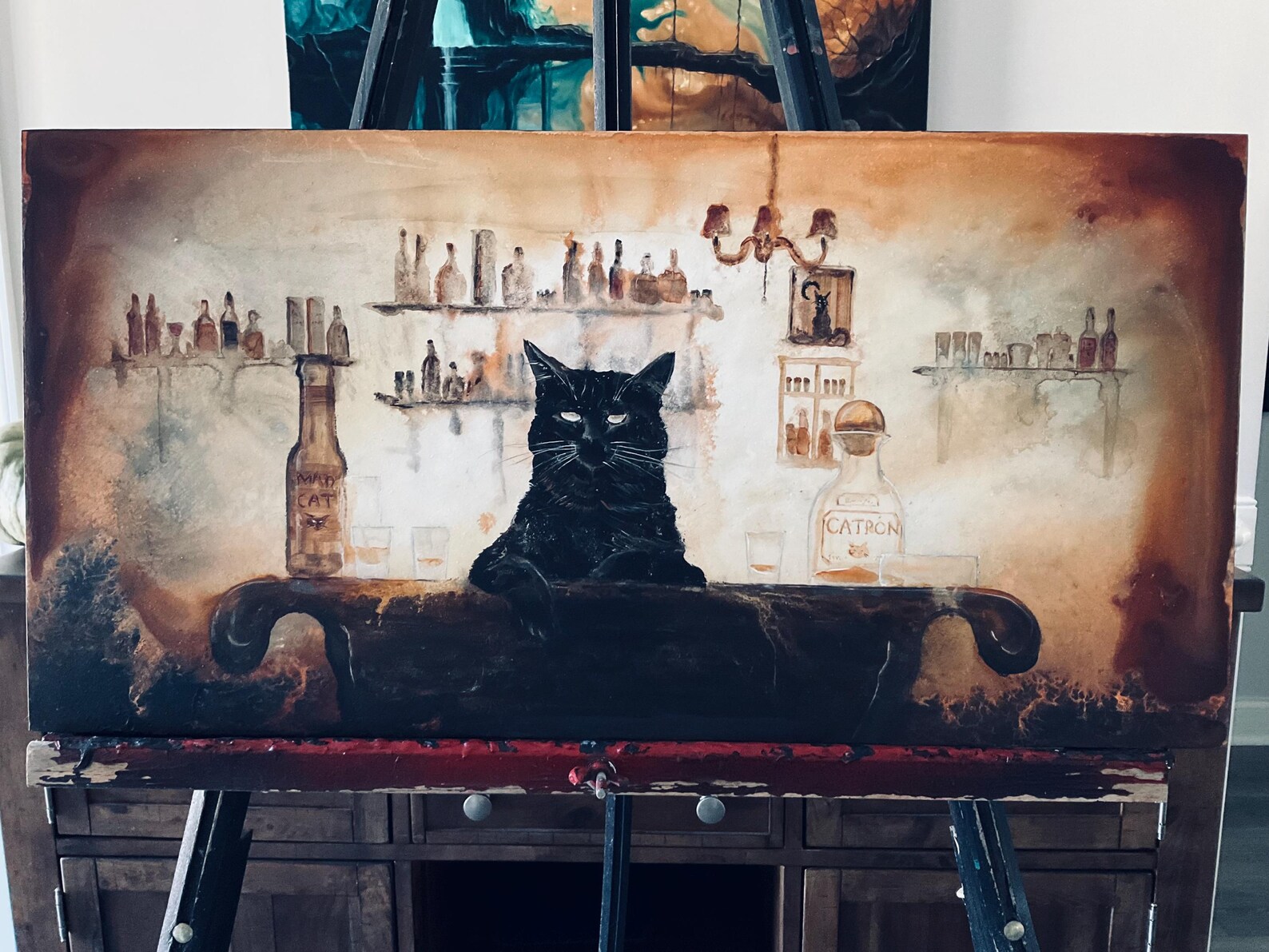 Nightcap - Black Cat Art Print - Moody Feline Brooding at Bar With ...