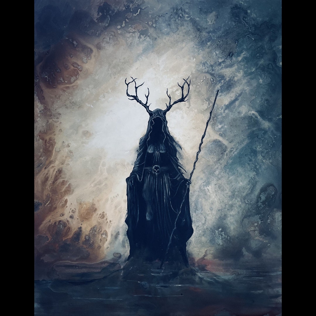 Primordial Dark Art Print Shadowy Witch With Cloak & Antlers Standing ...