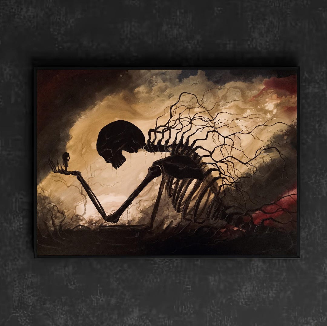 Never Let Her Go - Printable Art - Giant Dark Skeleton Cradling Small ...