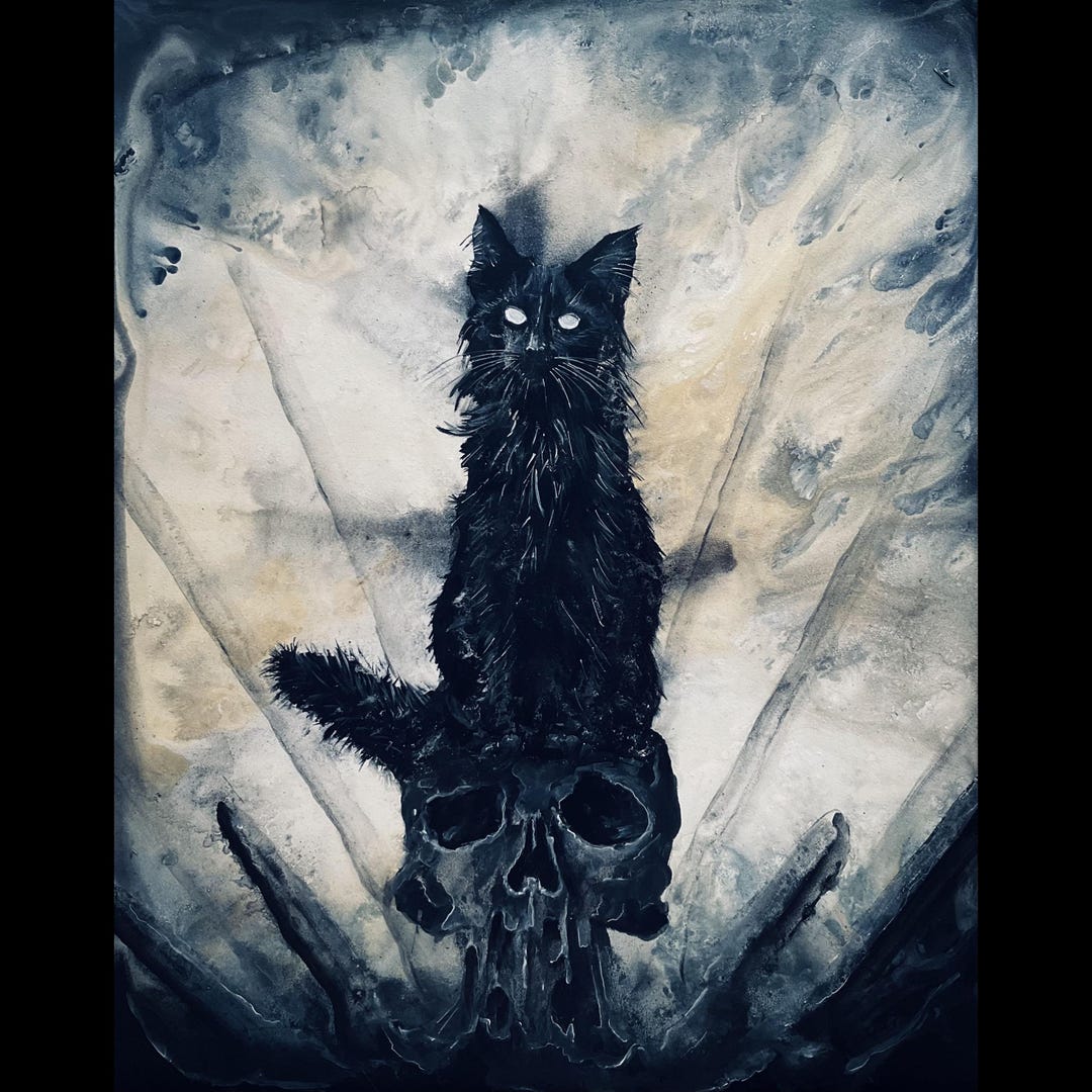 Bonesy Gothic Cat Art Print Shadowy & Curious Long Haired Cat Sitting ...