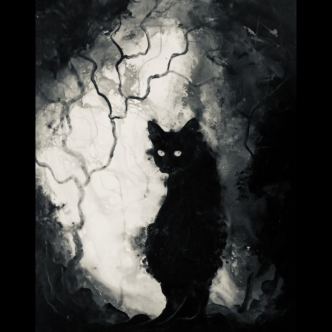 Eyes of the Night Black & White Cat Art Print Gothic Dark Feline Gazing ...