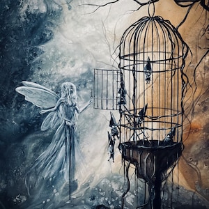 The Escape - Shadowy Art Print - Six Gnomes Escaping Birdcage With Help ...