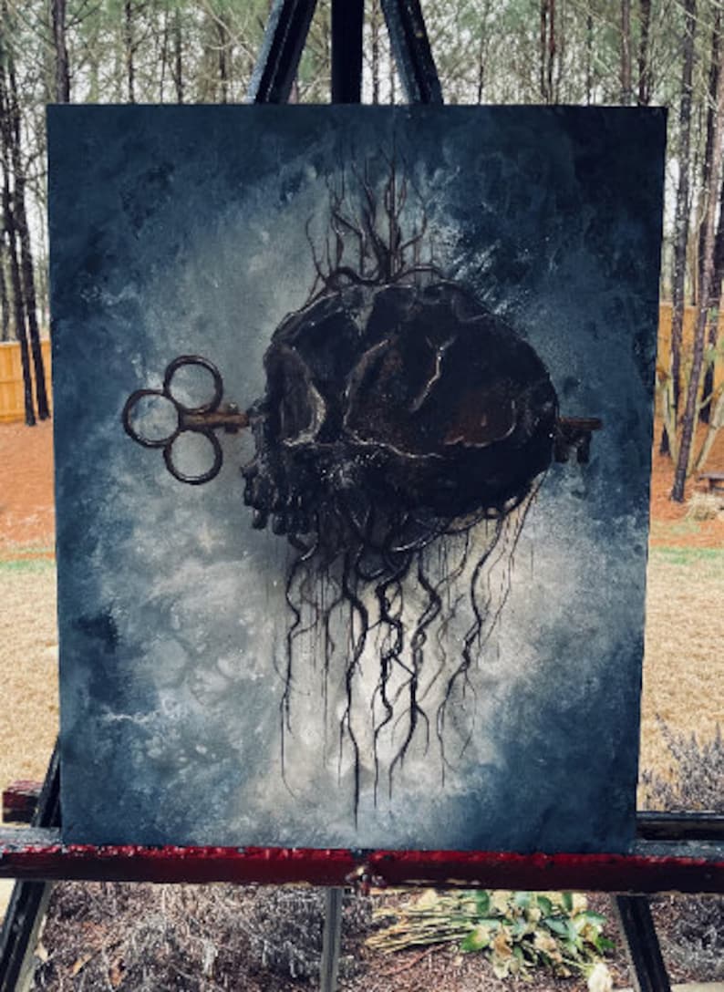Skeleton Key - Dark Art Print - Rustic Textured Skull Floating With ...