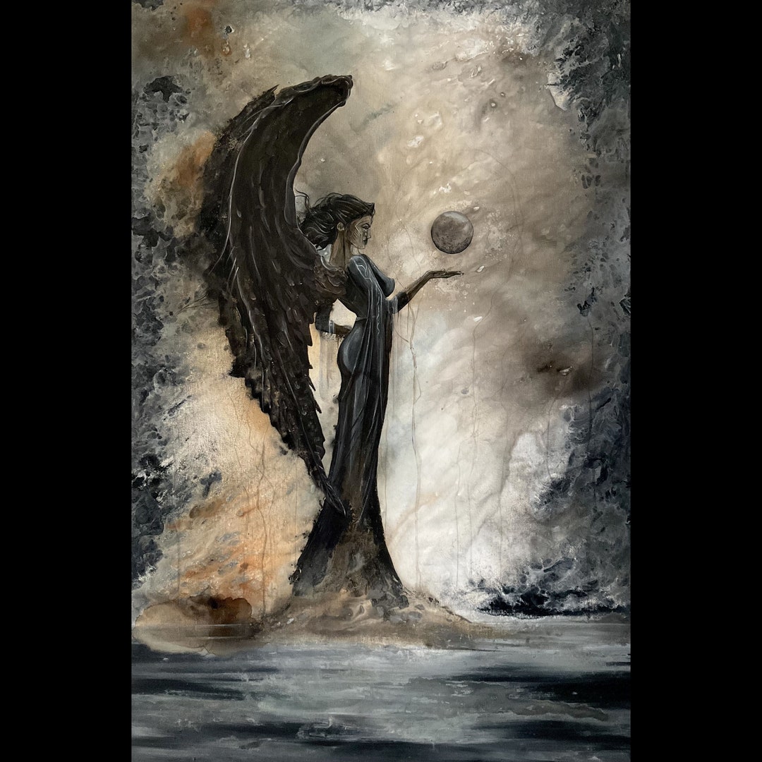 Beyond Salvation Angelic Art Print Sad Fallen Angel Woman In Surreal Landscape Holds Floating